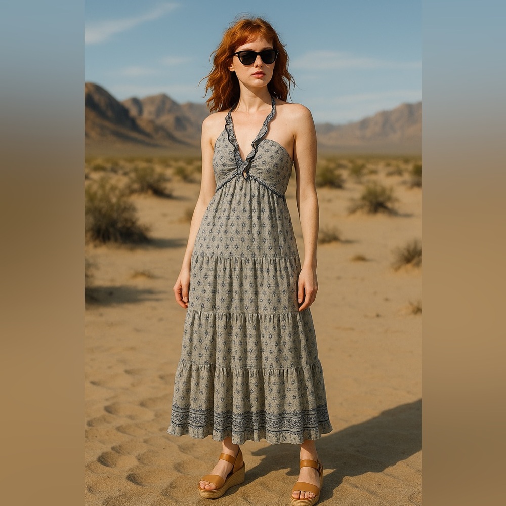 Max Studio Tiered Maxi Dress Light Gray Print Size M … - Gem